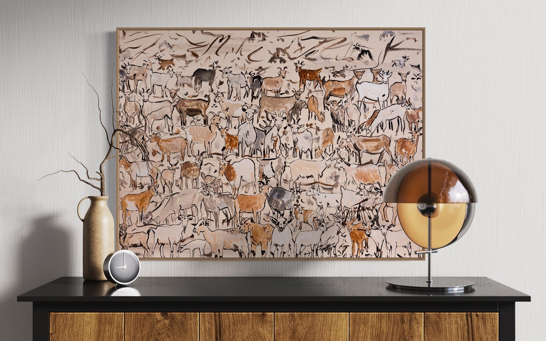 Playful Herd of Goats Abstract Canvas Wall Art Painting, Mid Century ...