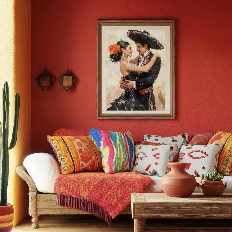 Mexican Couple Dancing Digital Oil Painting, Romantic Mariachi Outfit ...
