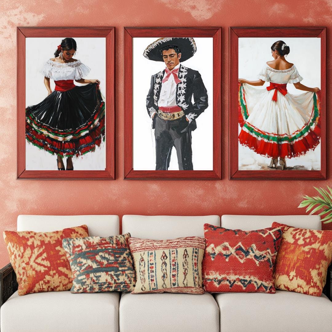 Mexican Folklorico Dancer & Mariachi Digital Print Set Trio of Vibrant ...