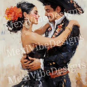 Mexican Couple Dancing Digital Oil Painting, Romantic Mariachi Outfit ...