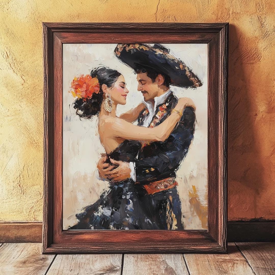 Mexican Couple Dancing Digital Oil Painting, Romantic Mariachi Outfit ...