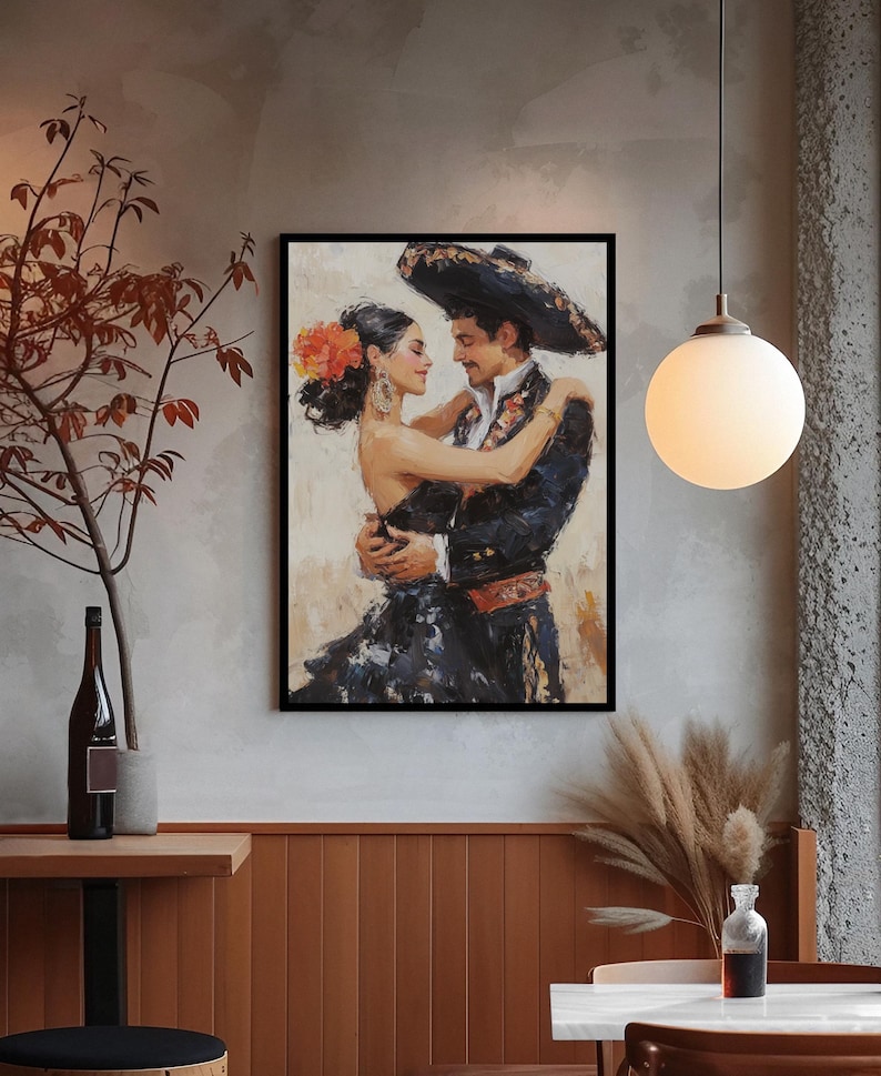 Mexican Couple Dancing Digital Oil Painting, Romantic Mariachi Outfit ...