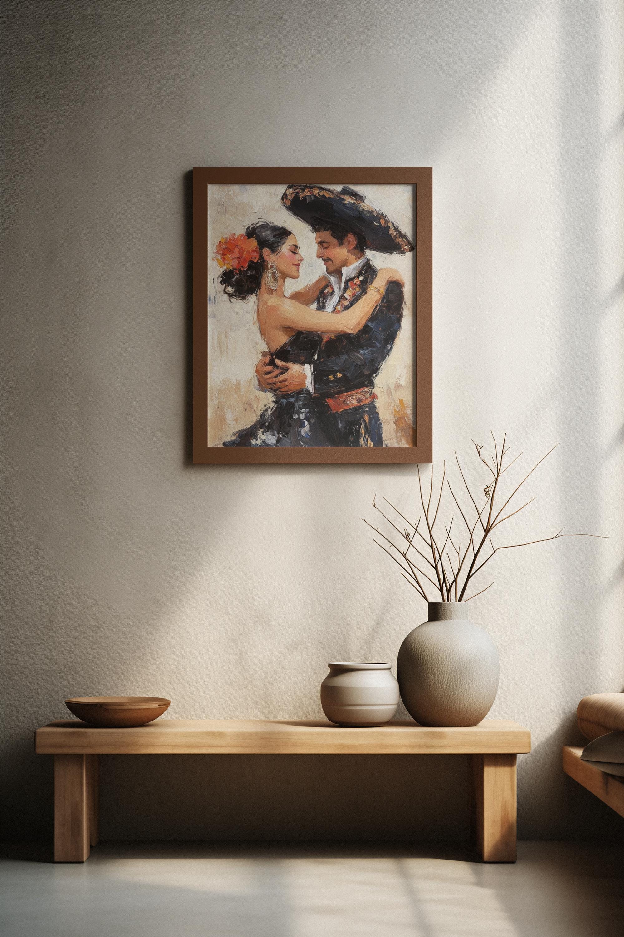 Mexican Couple Dancing Digital Oil Painting, Romantic Mariachi Outfit ...