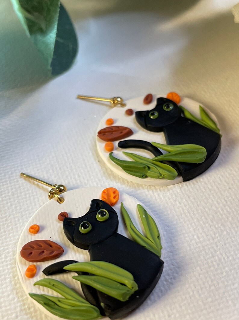 Cat Earrings, Green Eyes, Cat in a Field Grass Earrings, Black Cat Lover, Handmade Cat Earrings ...