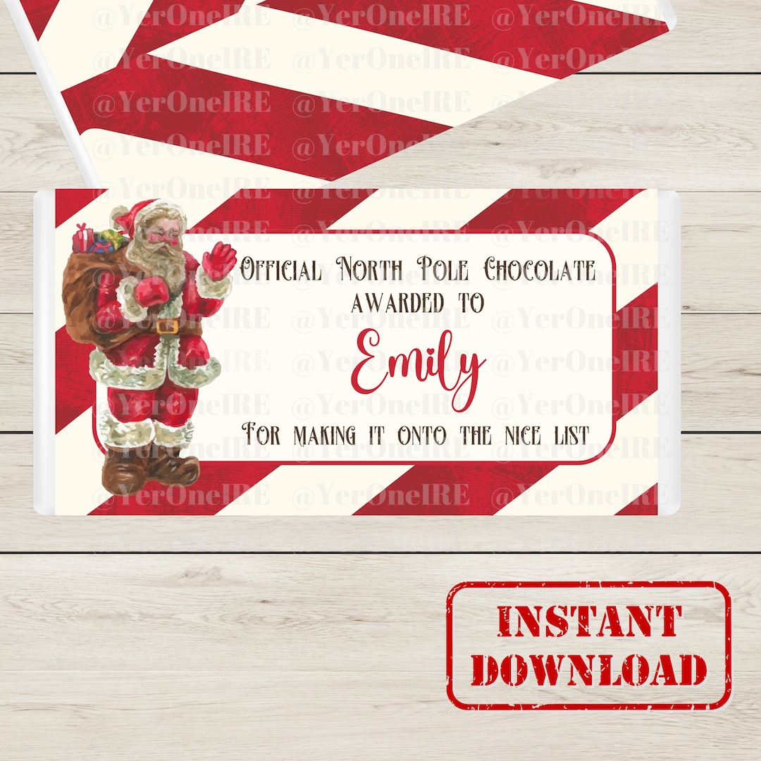 Christmas Chocolate Bar Wrapper, Nice List Award Chocolate Bar, Instant ...