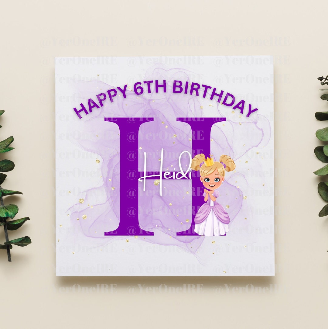 Personalised Initial Card, Princess Birthday Card, Happy Birthday Card ...