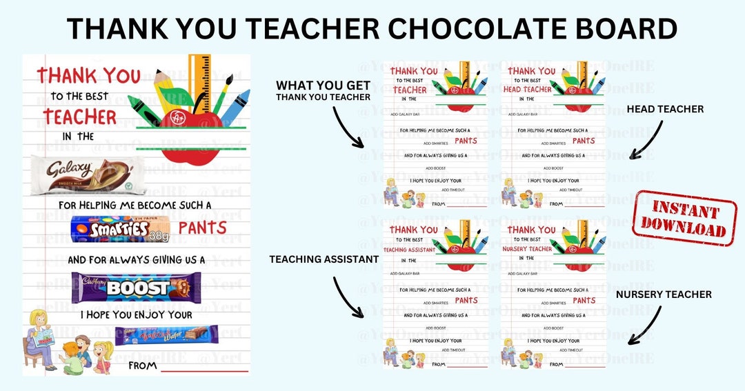 Thank You Teacher & TA Chocolate Poem, Teaching Assistant, Digital ...