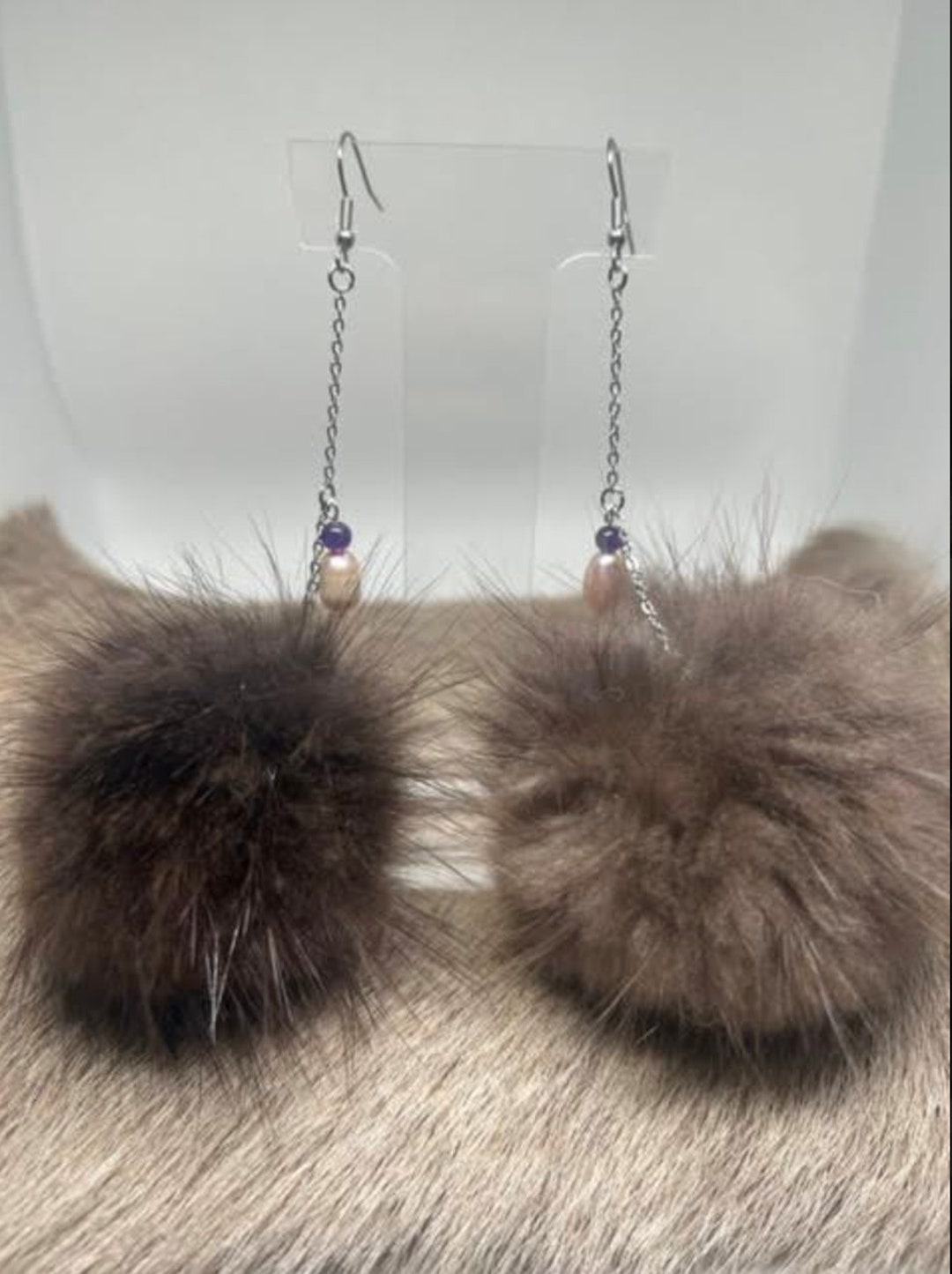 Pom Pom Beaver With Freshwater Pearls and Amethyst Drop Earrings - Etsy