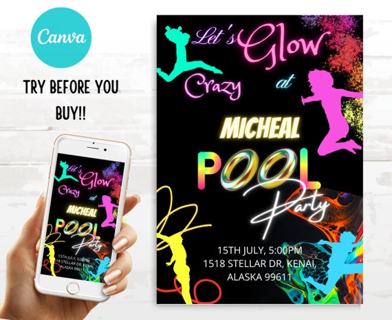 Pool Party Invite Pool Party Birthday Invitation Neon Glow - Etsy