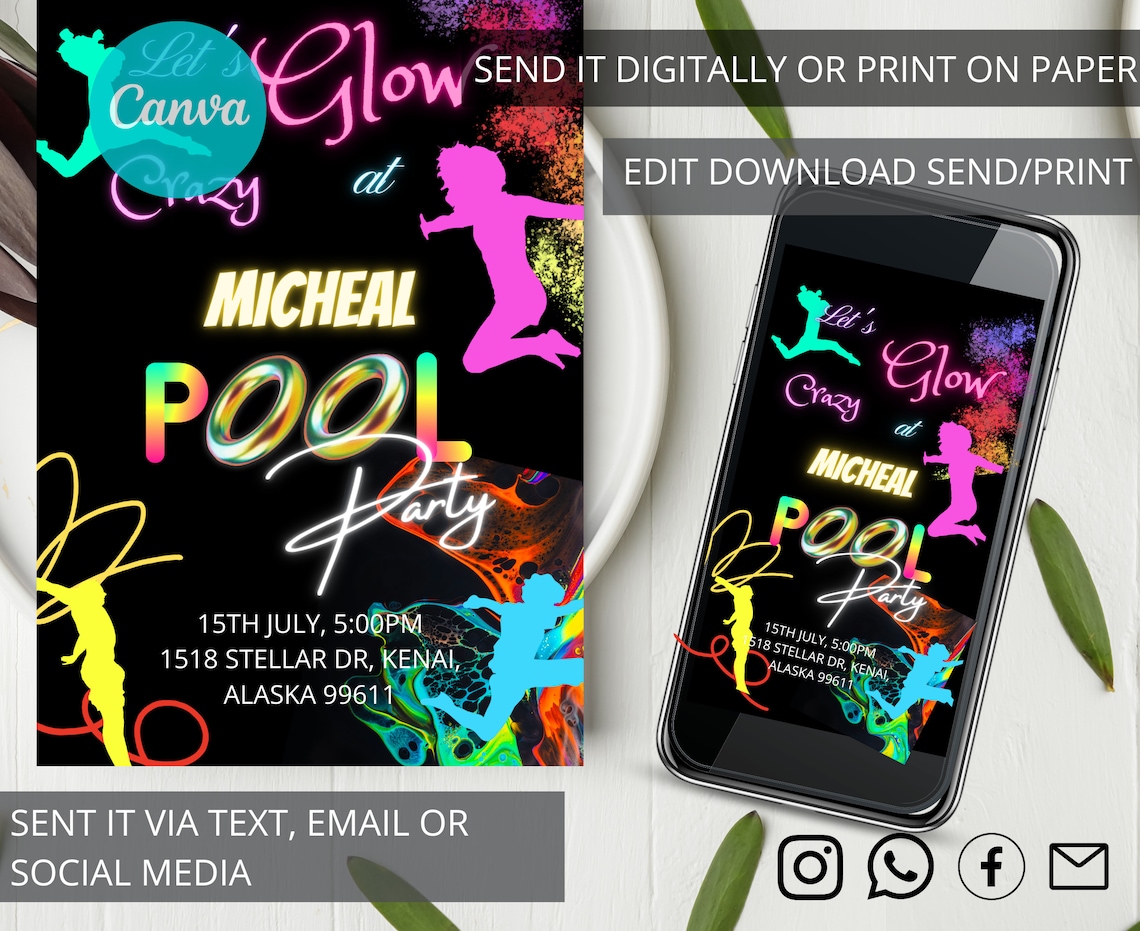 Pool Party Invite Pool Party Birthday Invitation Neon Glow - Etsy