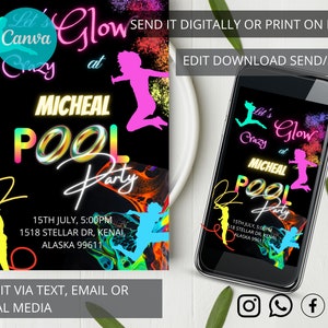 Pool Party Invite, Pool Party Birthday Invitation, Neon Glow Pool Party ...