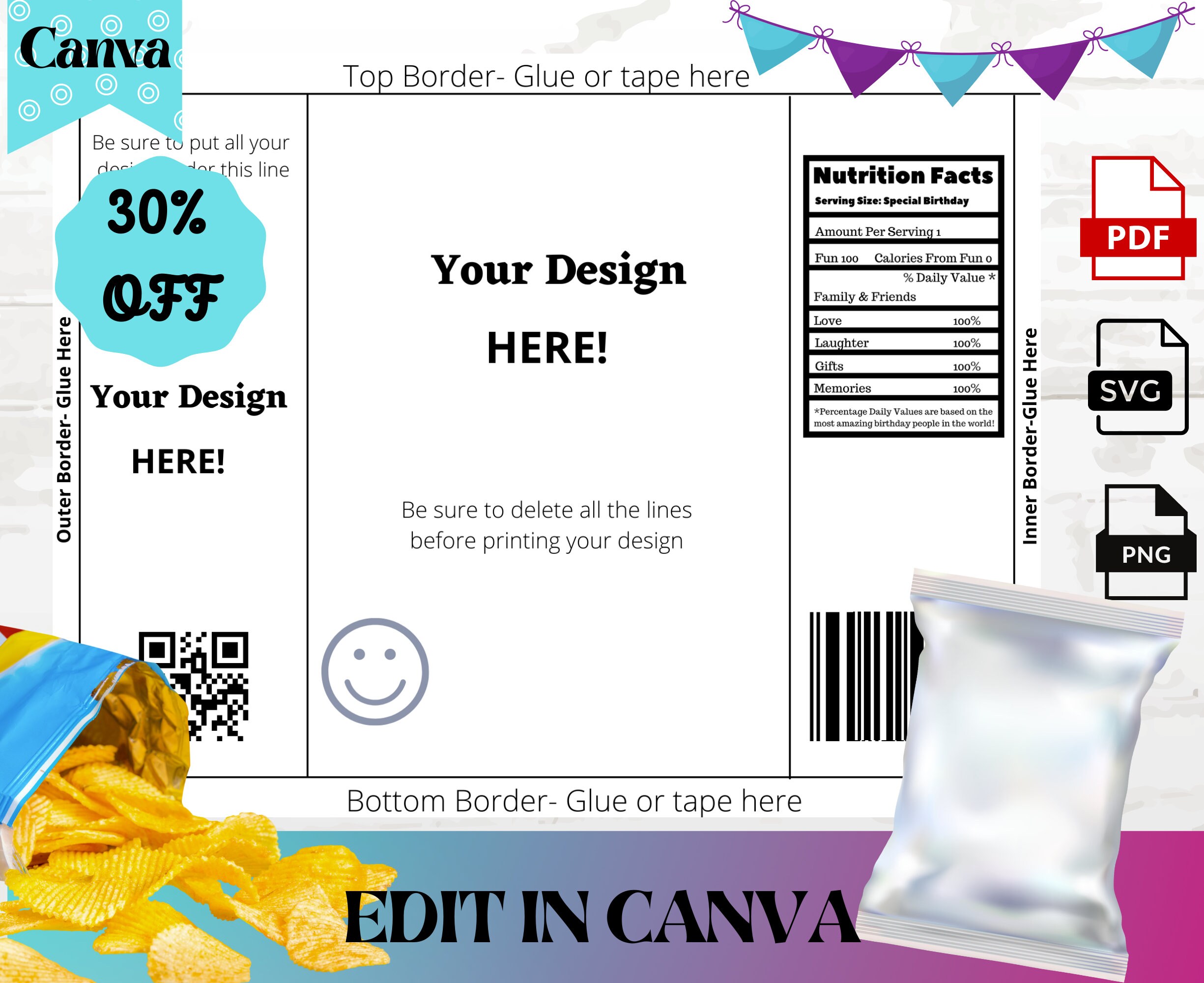 EDITABLE Chip Bag Template Chip Bag Template Canva Chip Bag Etsy