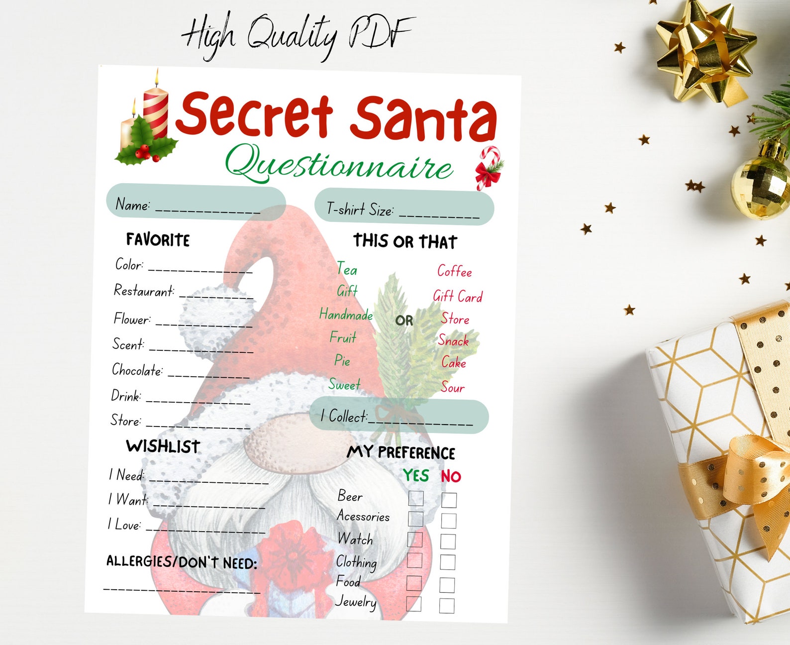Printable Secret Santa Questionnaire Secret Santa - Etsy