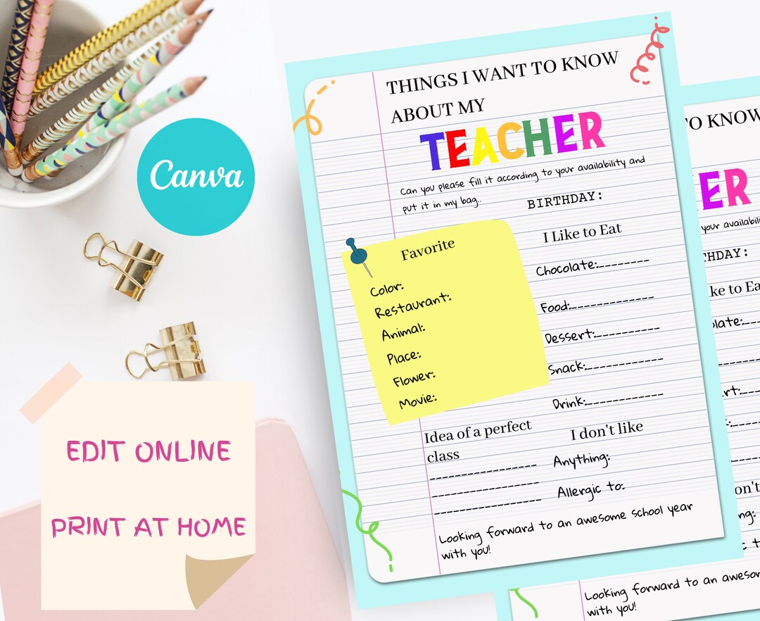 EDITABLE Teacher Favorite Questionnaire, Teacher Survey, Printable Back ...
