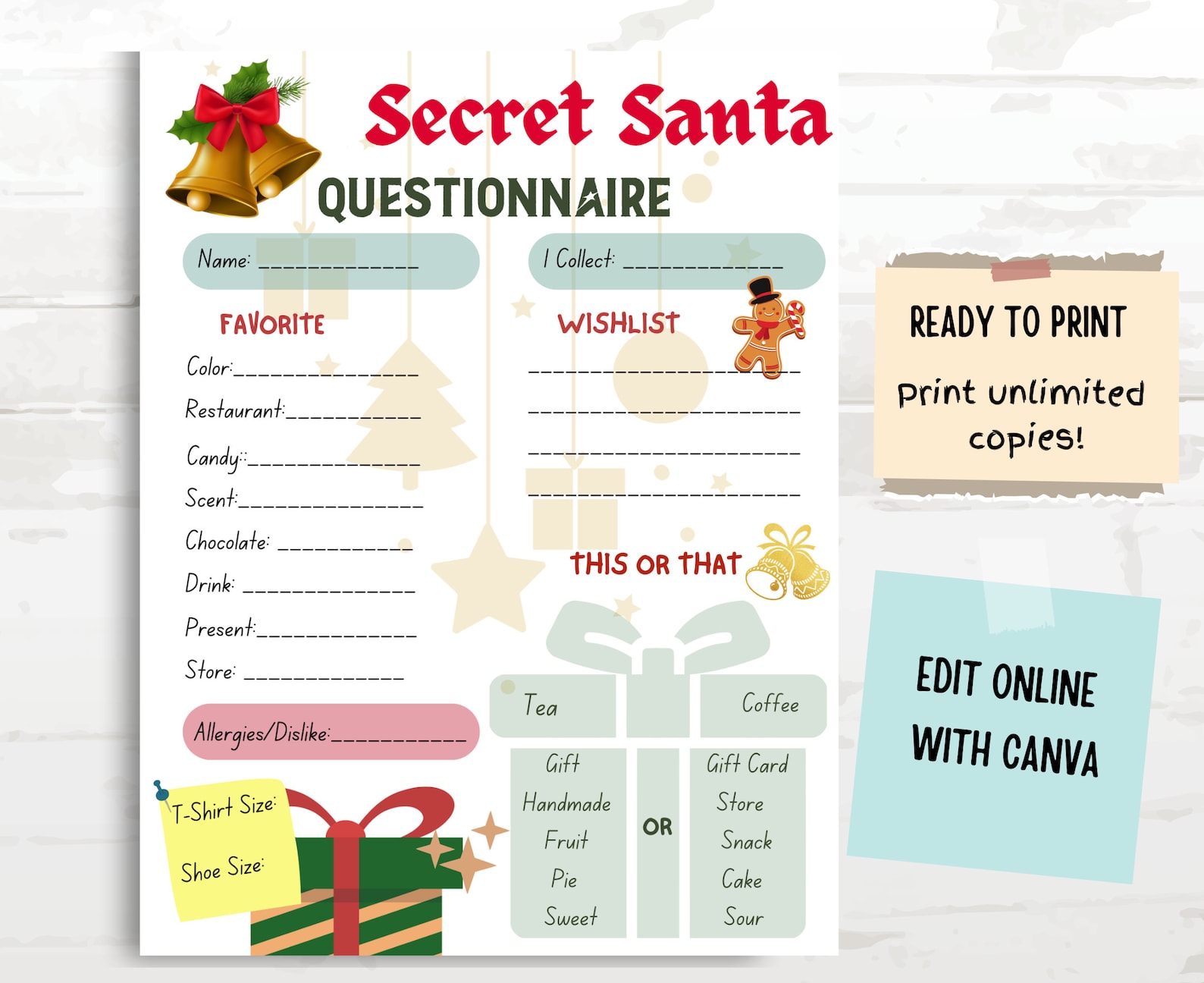 Printable Secret Santa Questionnaire Secret Santa - Etsy