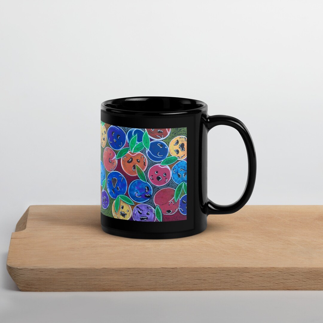 Spooky Halloween Peach Fruit Leaves Rainbow Colorful Black Glossy Mug ...