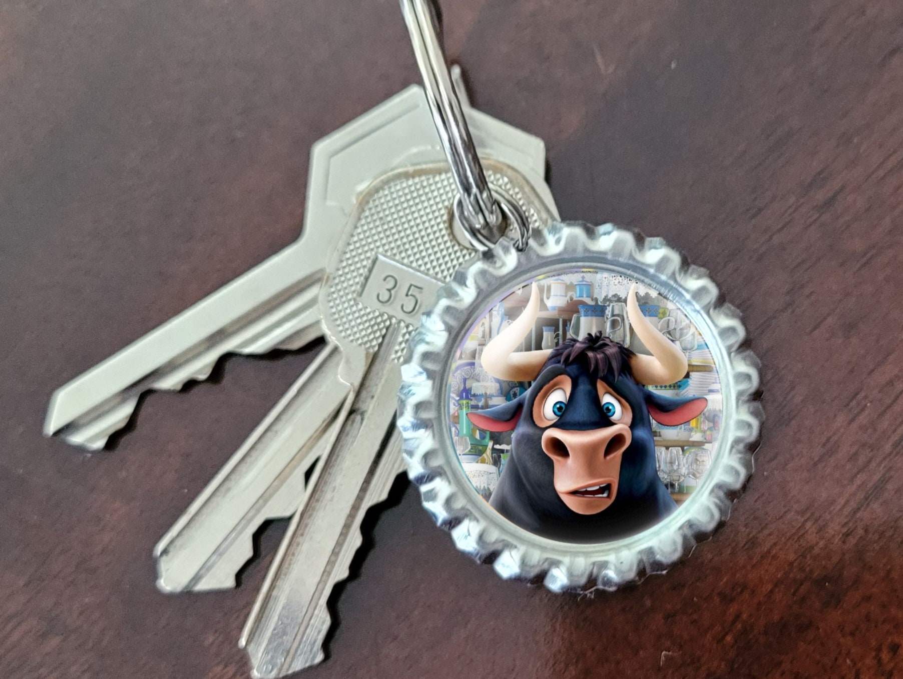 Ferdinand the Bull From Disney's Ferdinand. Bottlecap Keychain, Keyring, Bag Charm, Zipper Pull ...