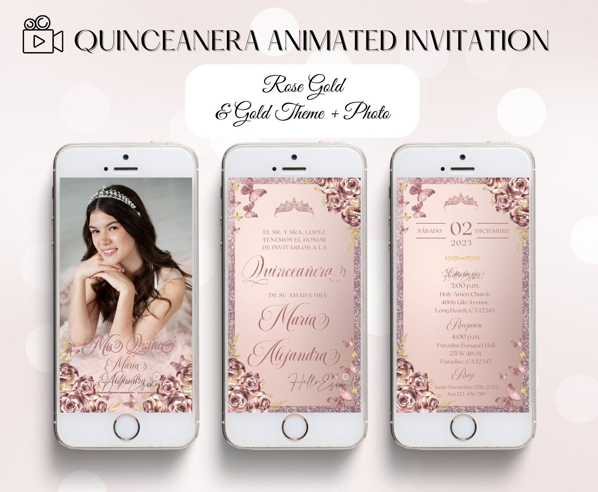Rose Gold and Goldphoto Quinceanera Video Invitation, Animated ...