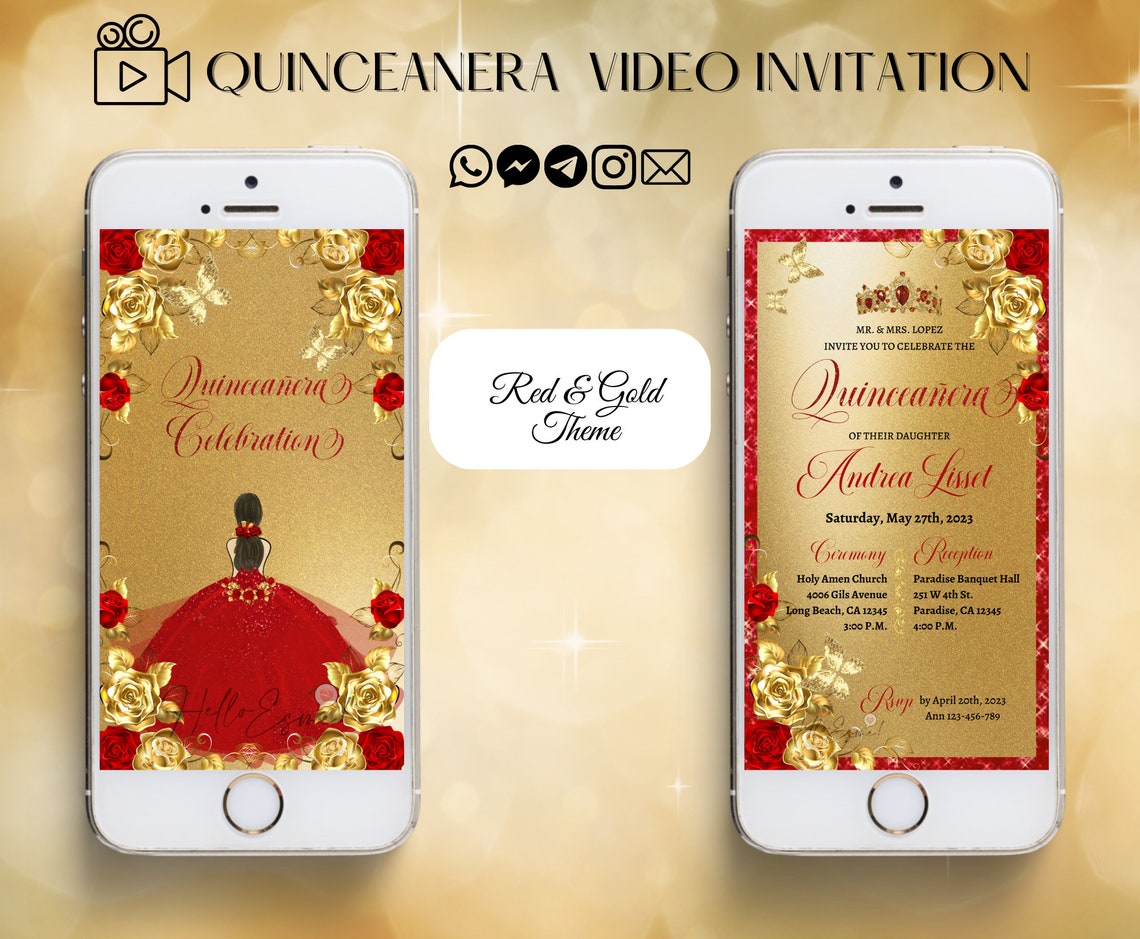 Animated Invitation Red and Gold, Quinceanera Invitation, Quinceanera ...