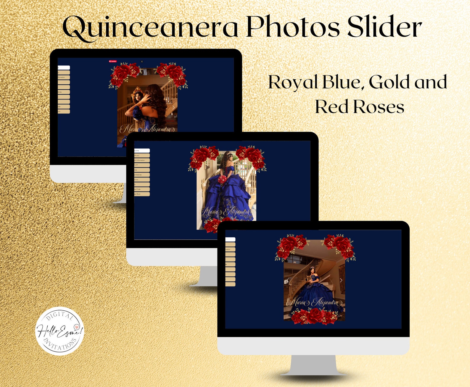 Qr Code Rsvp Quinceanera Invitation Navy Blue, Gold, Red Roses ...