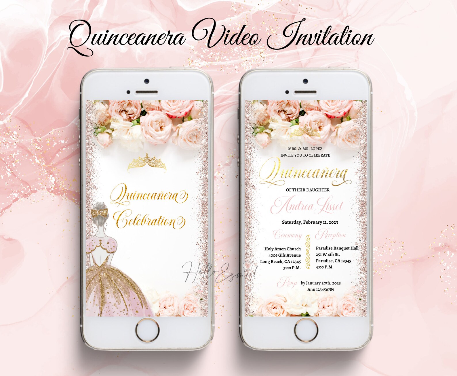 Digital Quinceanera Invitation, Blush Pink, Floral Rose Gold and ...