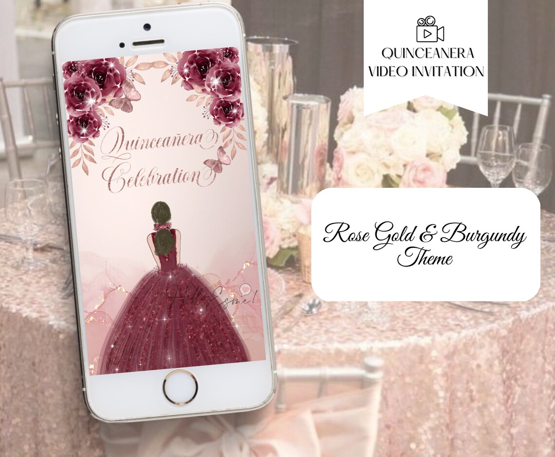 Digital Quinceanera Invitation, Rose Rold and Burgundy, Quinceanera ...