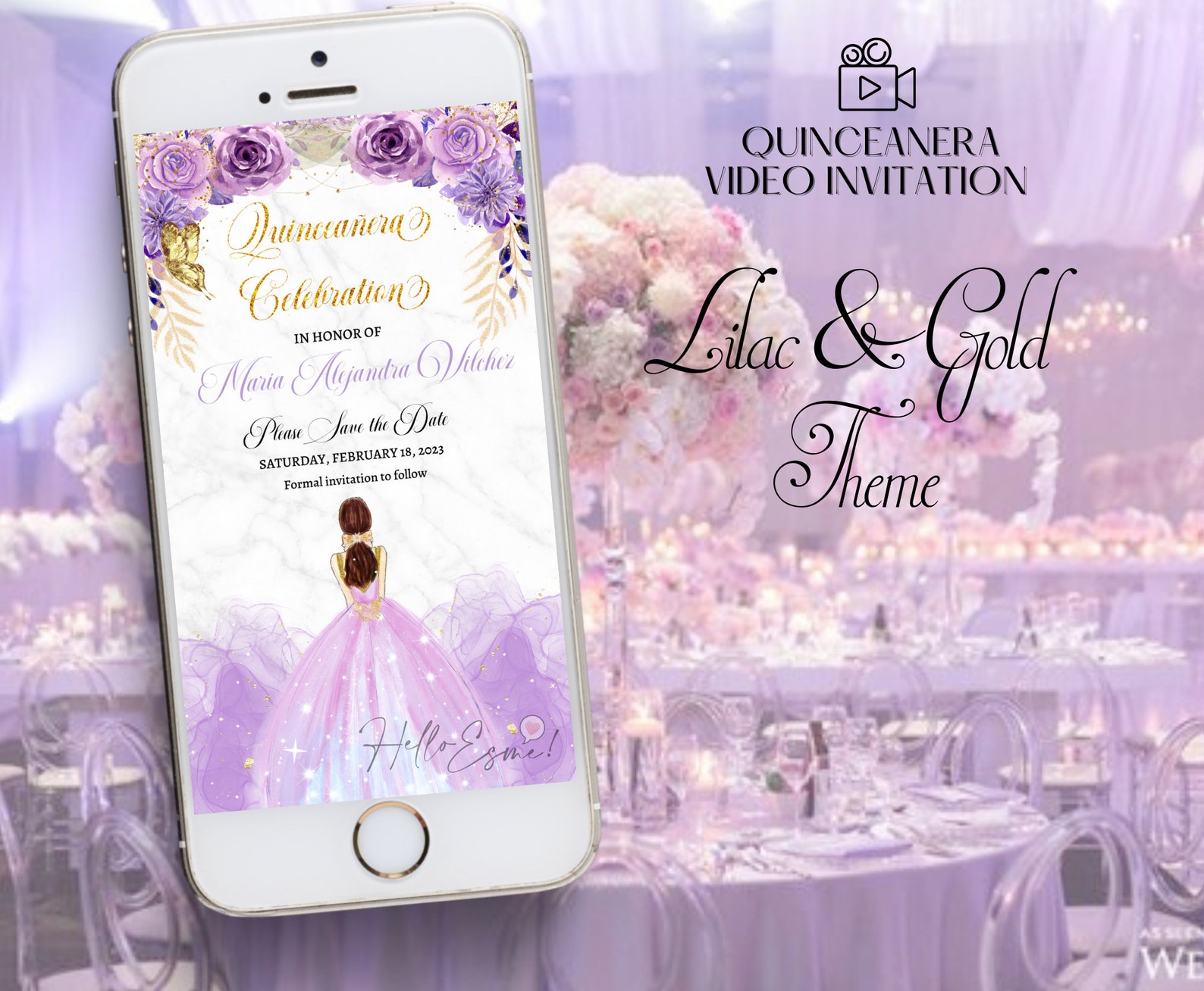 Digital Save the Date Quinceanera Lilac and Gold, Animated Invitation ...