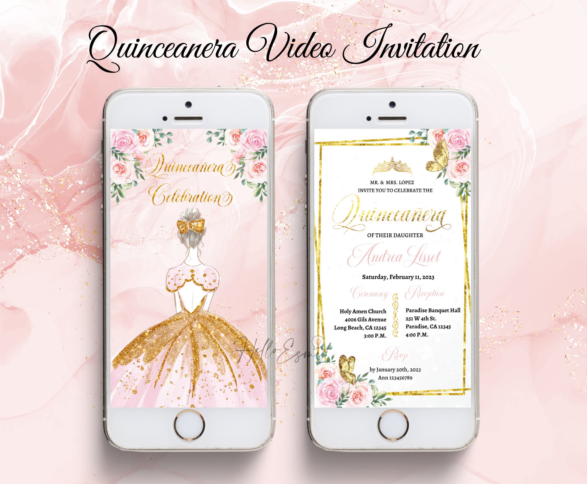 Quinceanera Video Invitation Blush Pink and Gold Butterflies - Etsy