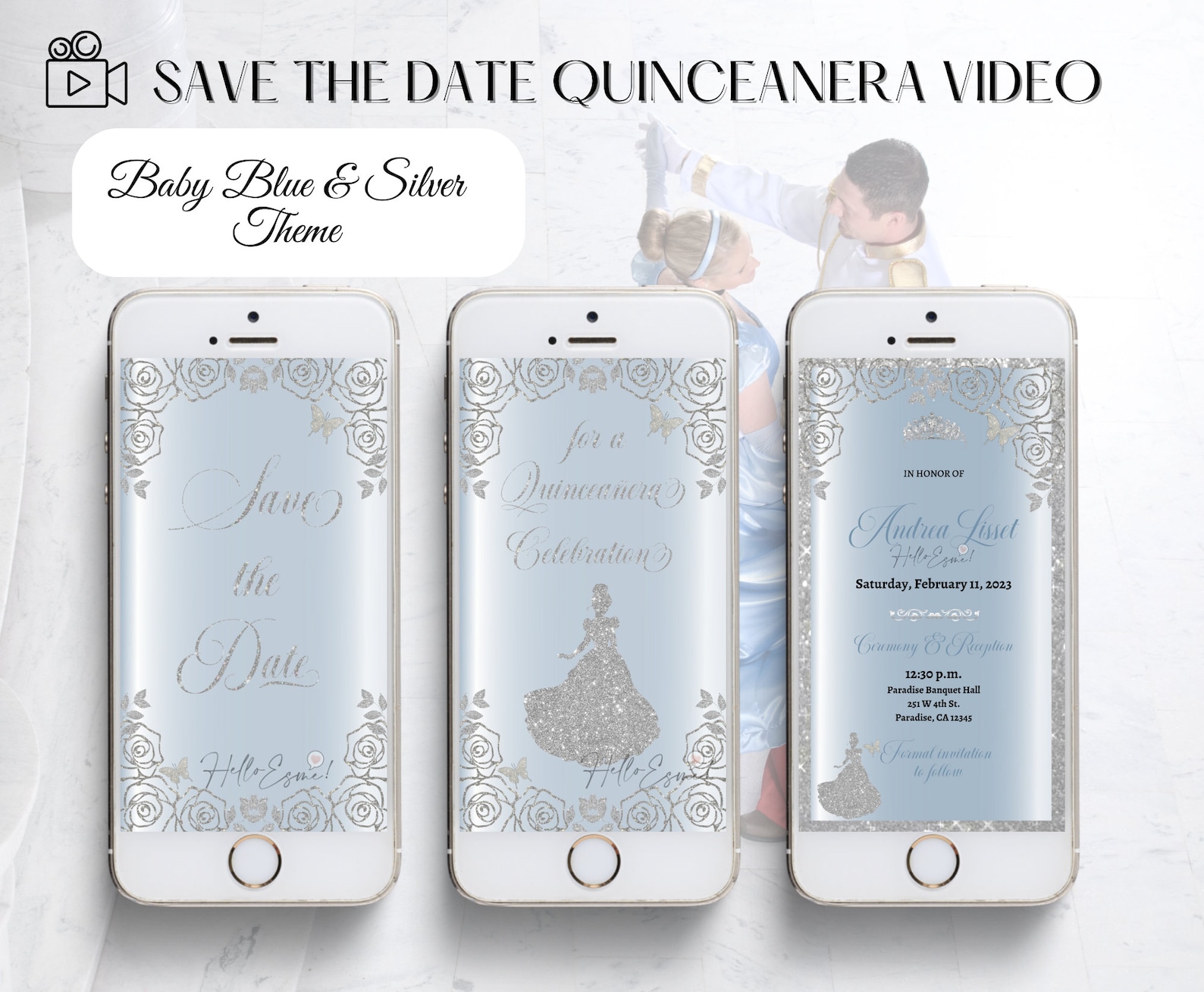 Quinceanera Save the Date Digital Cinderella Theme Video Invitation, Baby Blue and Silver ...