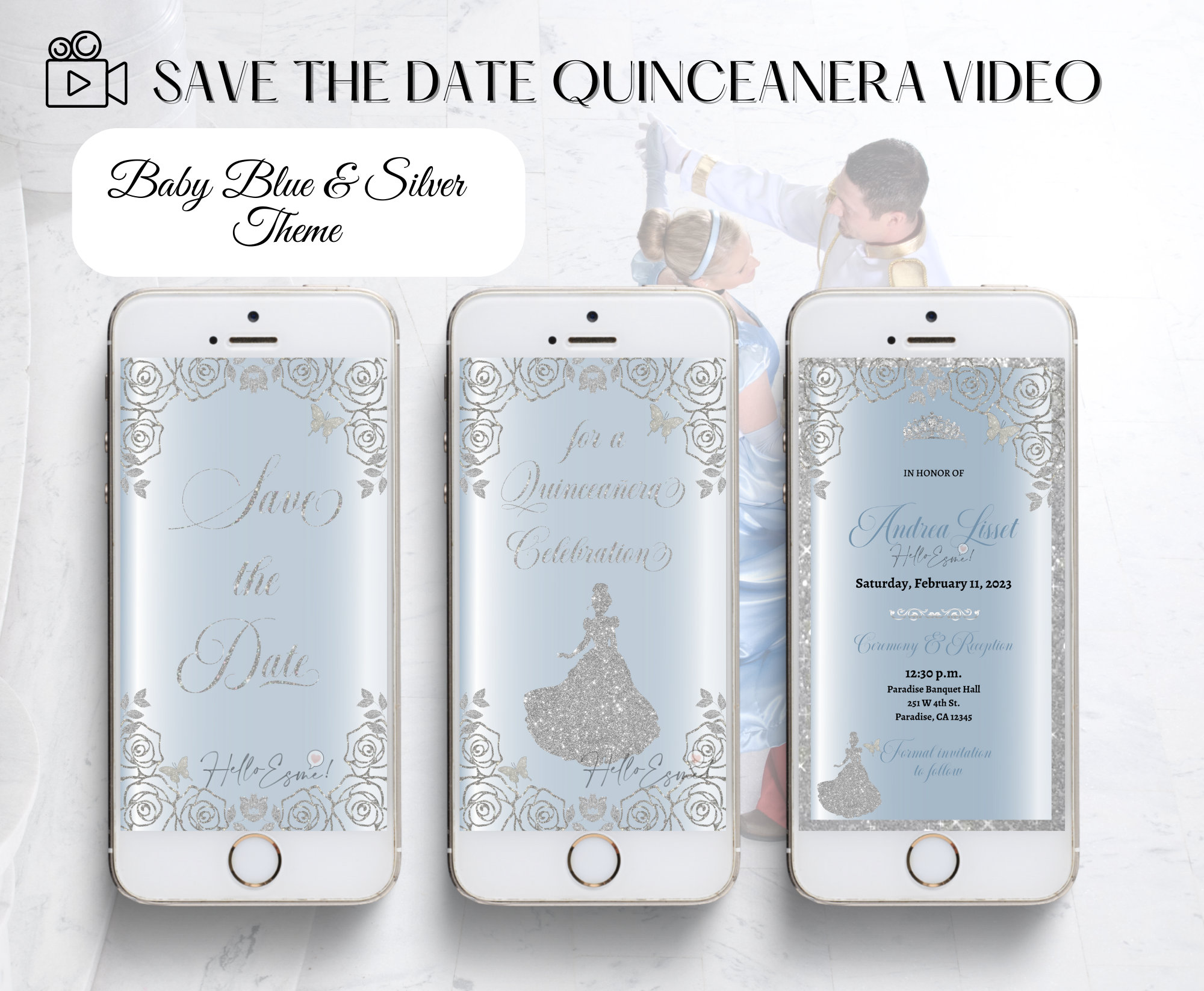 Quinceanera Save the Date Digital Cinderella Theme Video Invitation ...