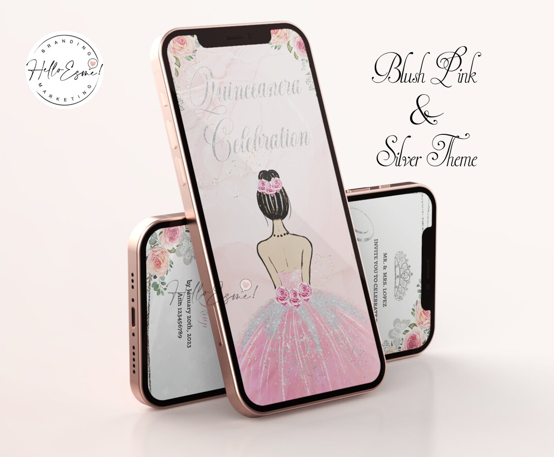 Quinceanera Video Invitation Blush Pink / Silver Glitter, Floral and ...
