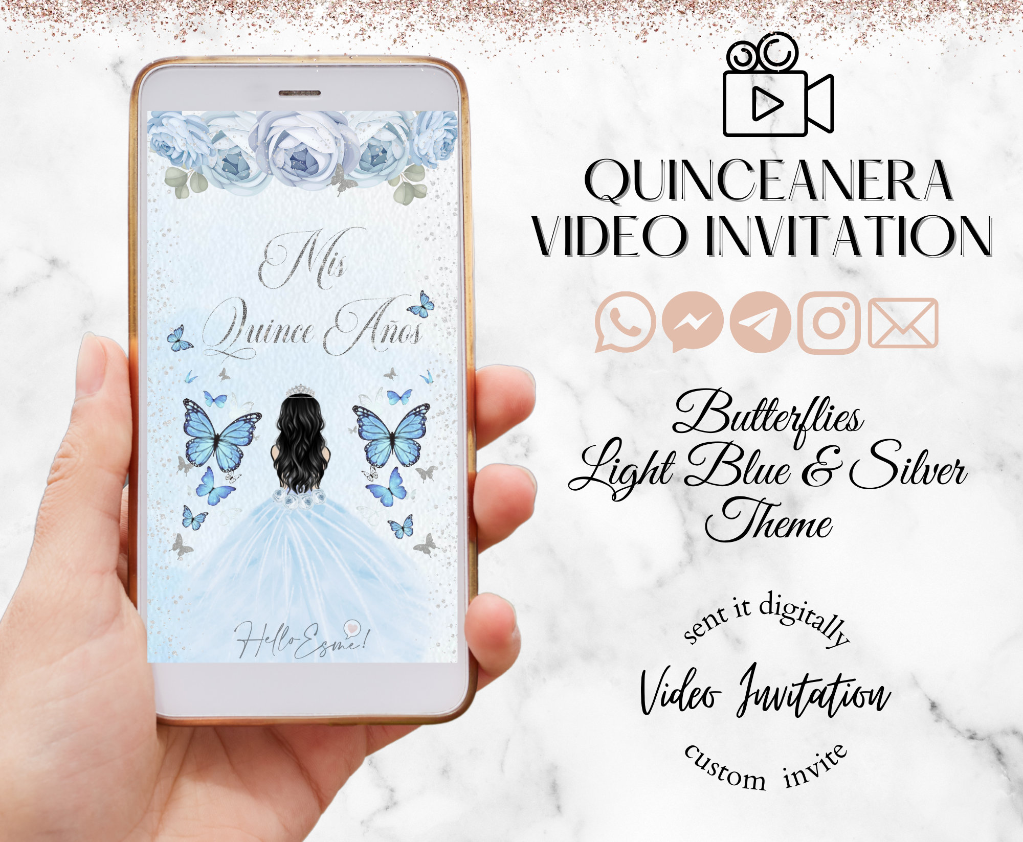 Light Blue and Silver Quinceanera Invitation, Video Invitation With ...