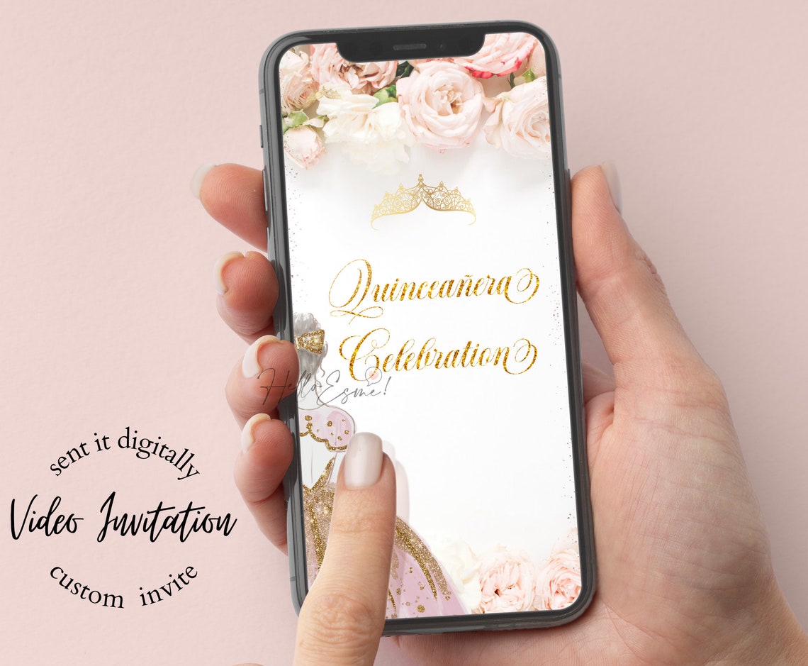 Digital Quinceanera Invitation, Blush Pink, Floral Rose Gold and ...