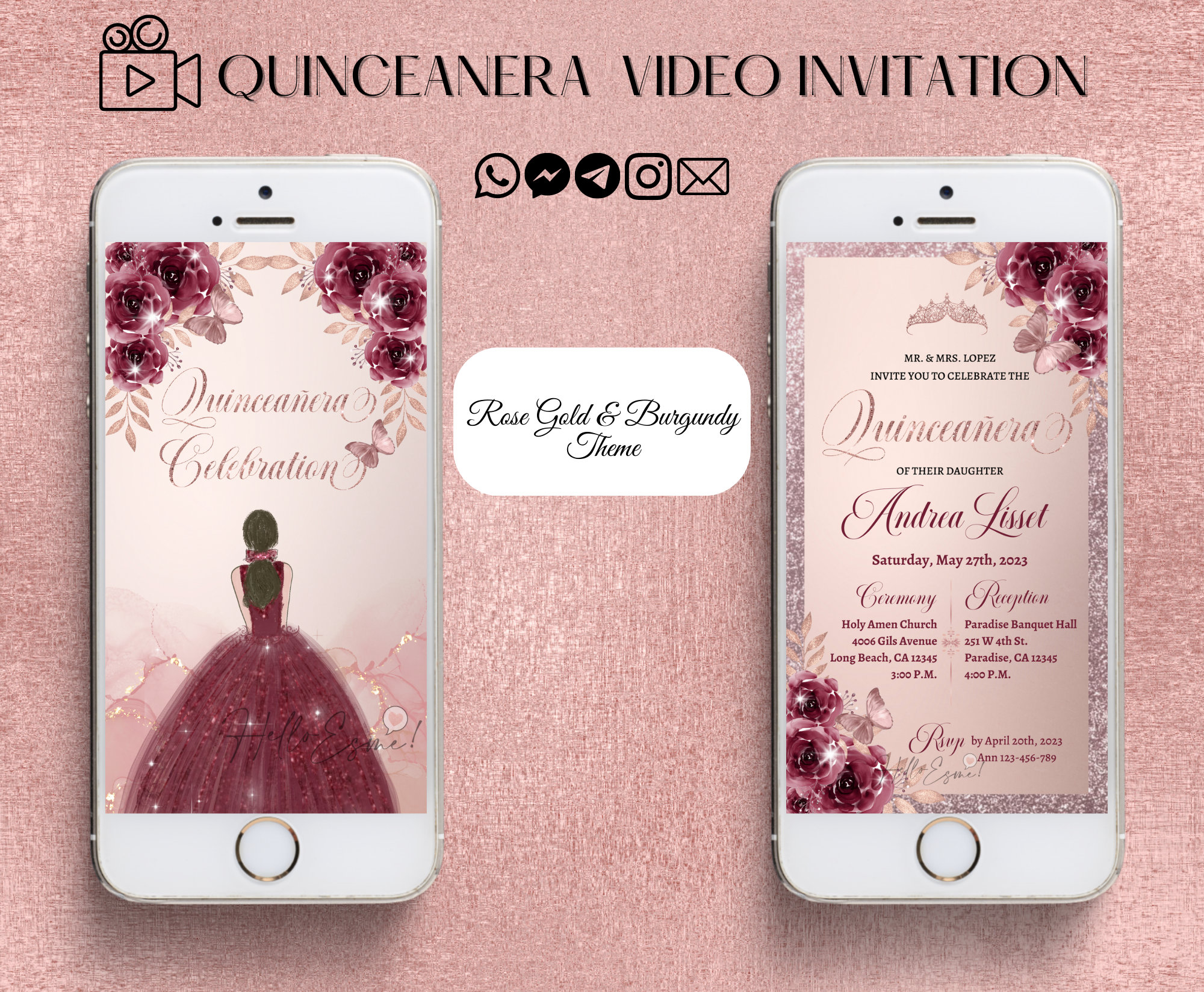 Digital Quinceanera Invitation, Rose Rold and Burgundy, Quinceanera ...