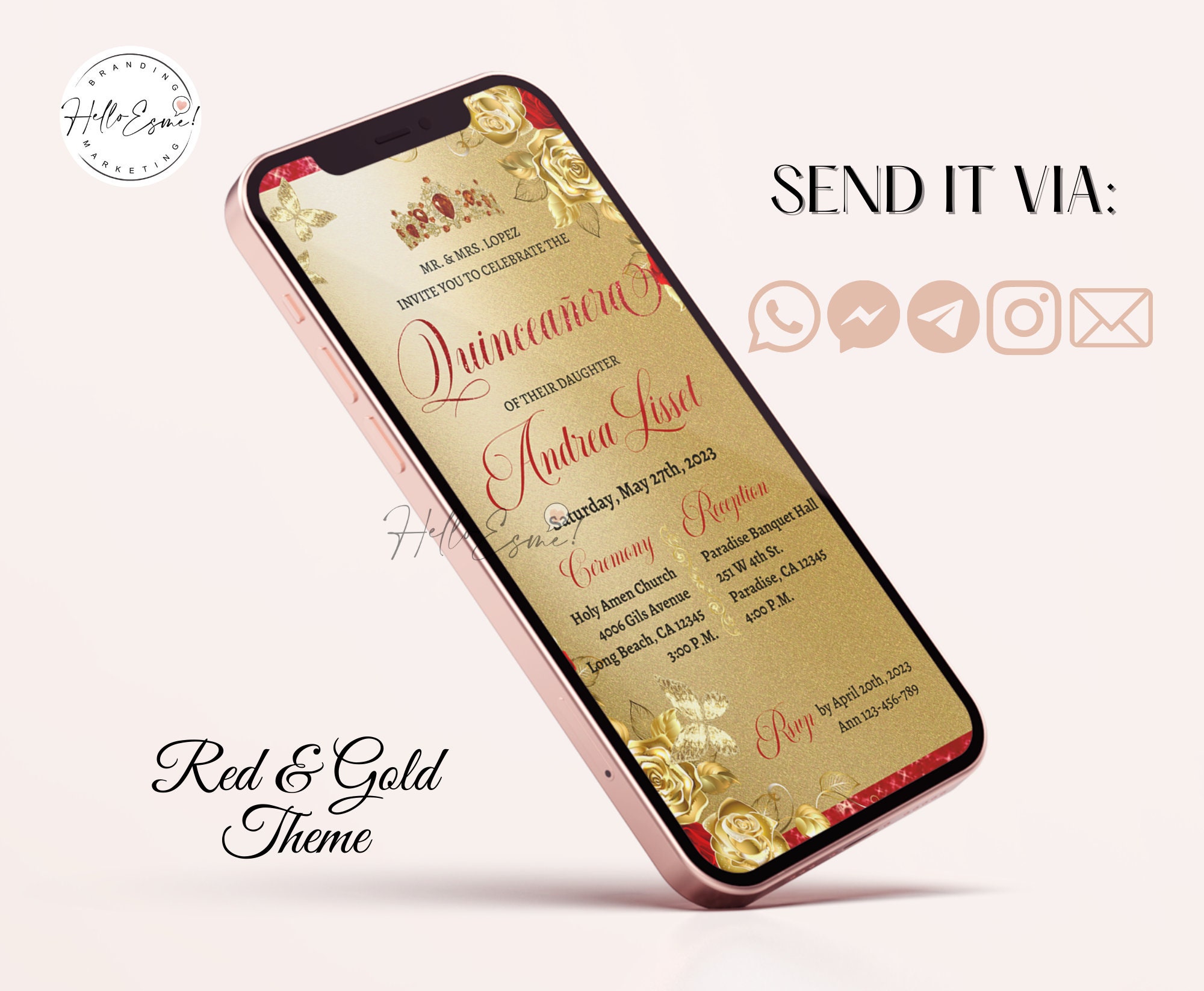 Animated Invitation Red and Gold, Quinceanera Invitation, Quinceanera ...