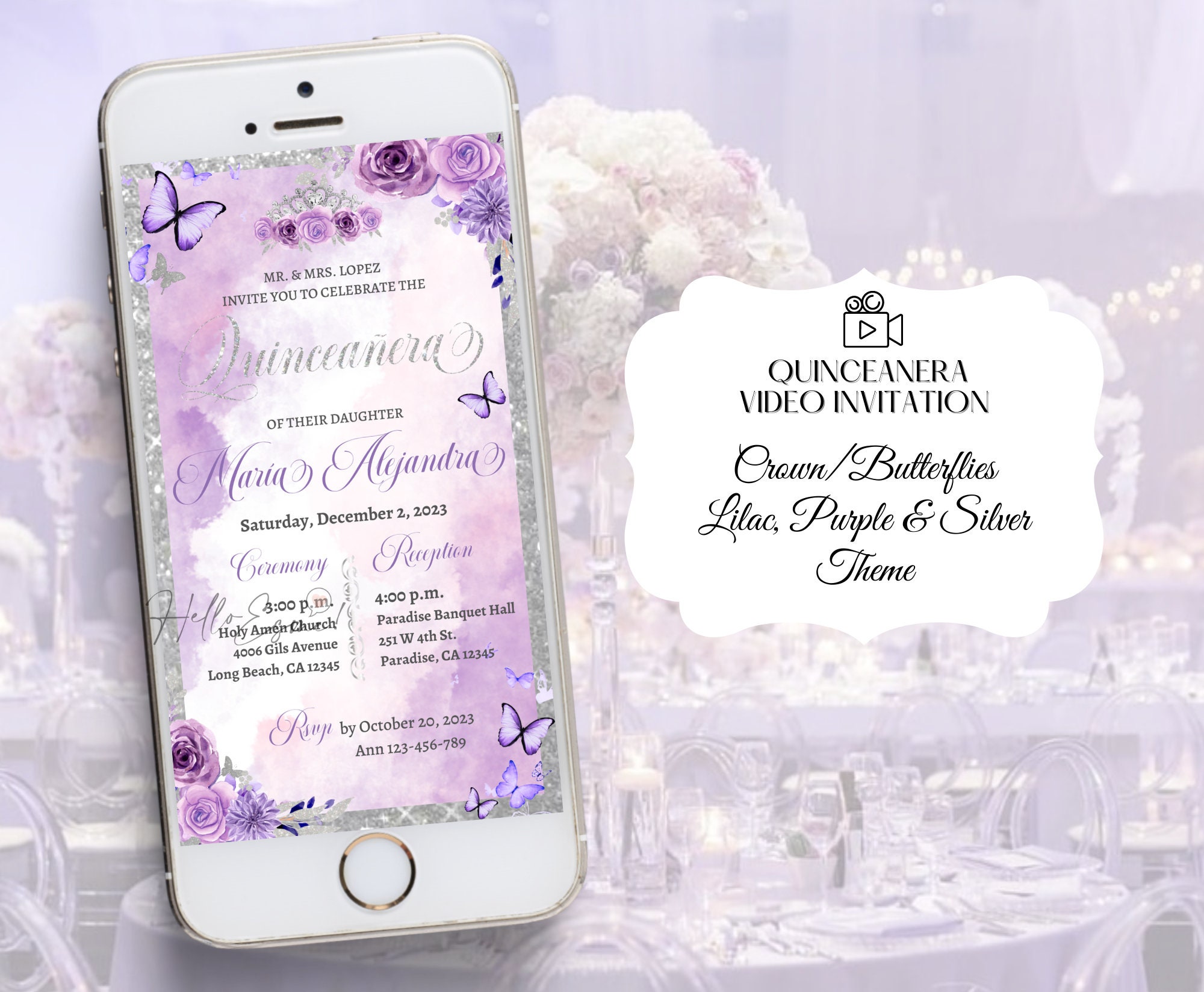 Lilac, Purple and Silver Quinceanera Video Invitation, Quinceañera ...