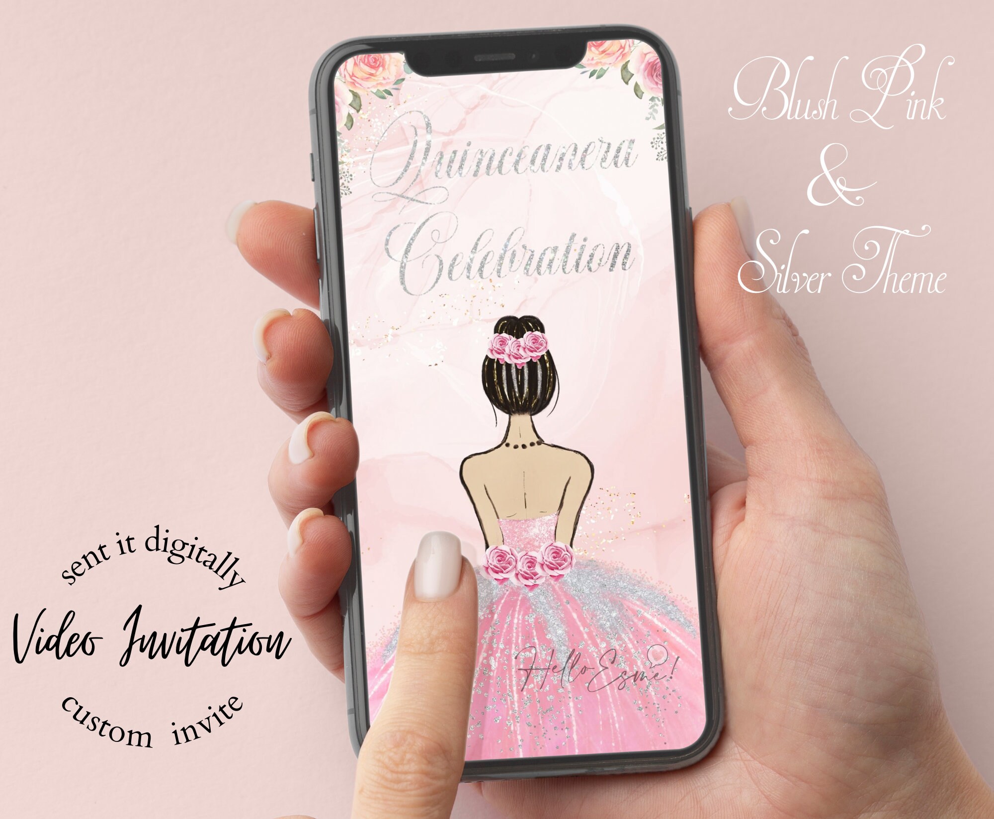 Quinceanera Video Invitation Blush Pink / Silver Glitter, Floral and ...