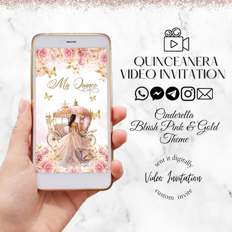Blush Pink and Gold Cinderella Sweet 16, Quince Invitation, Animated ...