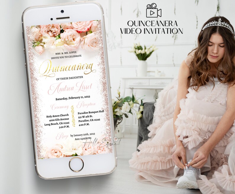 Digital Quinceanera Invitation, Blush Pink, Floral Rose Gold and ...
