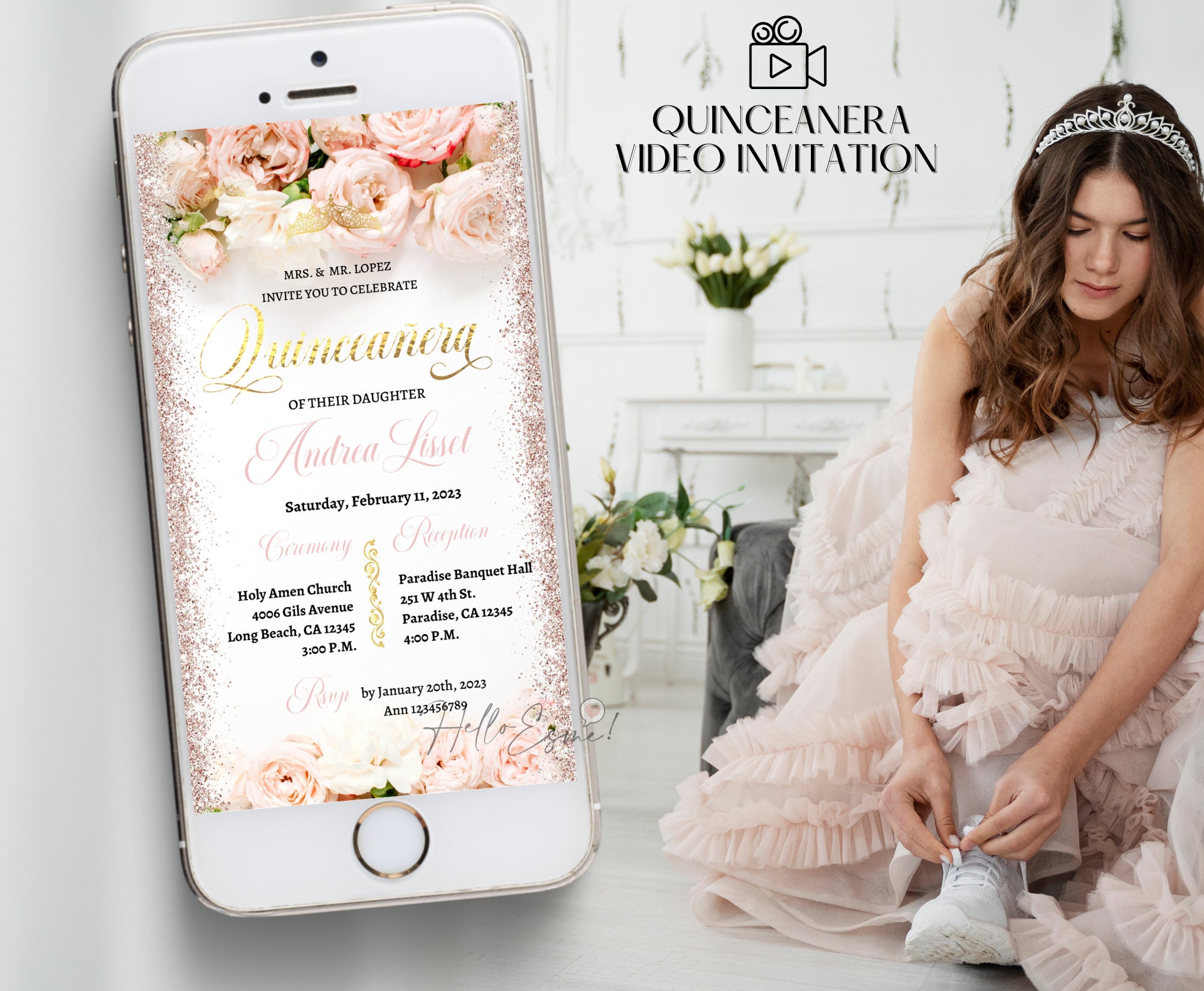Digital Quinceanera Invitation, Blush Pink, Floral Rose Gold and ...