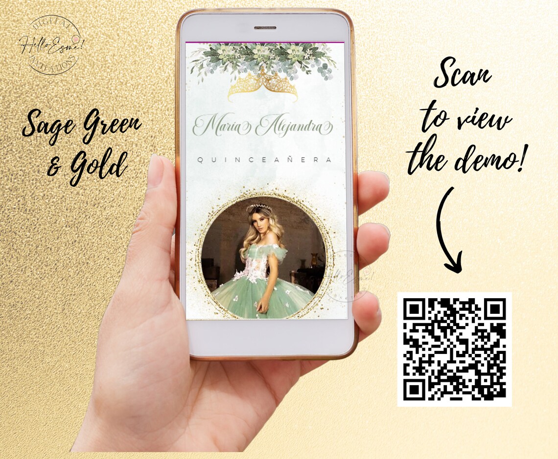 Sage Green Quinceanera Invitation, Online Rsvp QR CODE, Digital ...