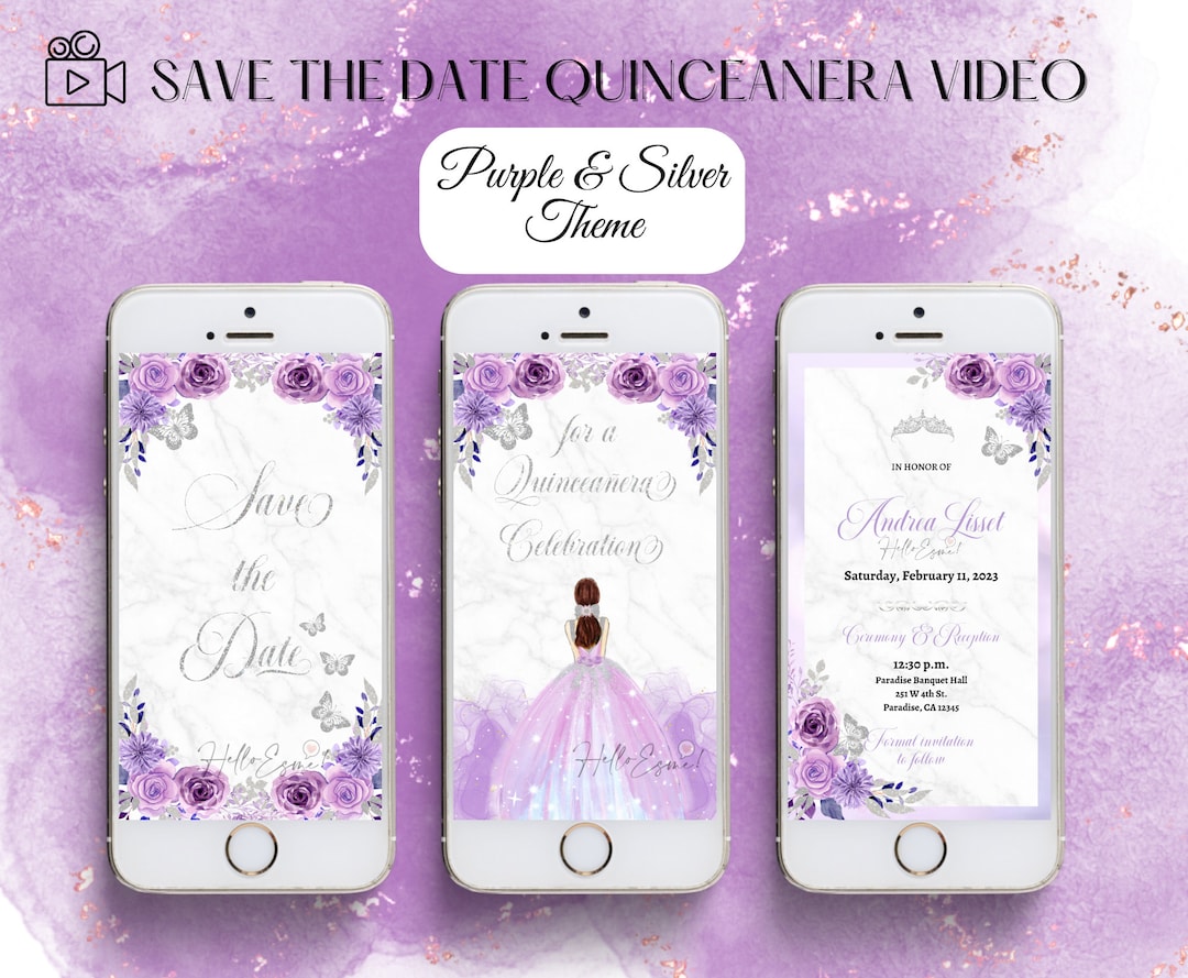 Digital Save the Date, Quinceanera Video Invitation, Purple and Silver ...