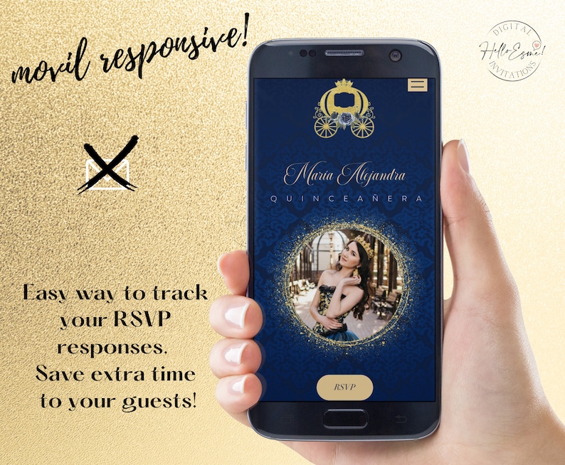 Navy Blue and Gold Quinceanera Invitation Rsvp Website, Rsvp QR Code ...
