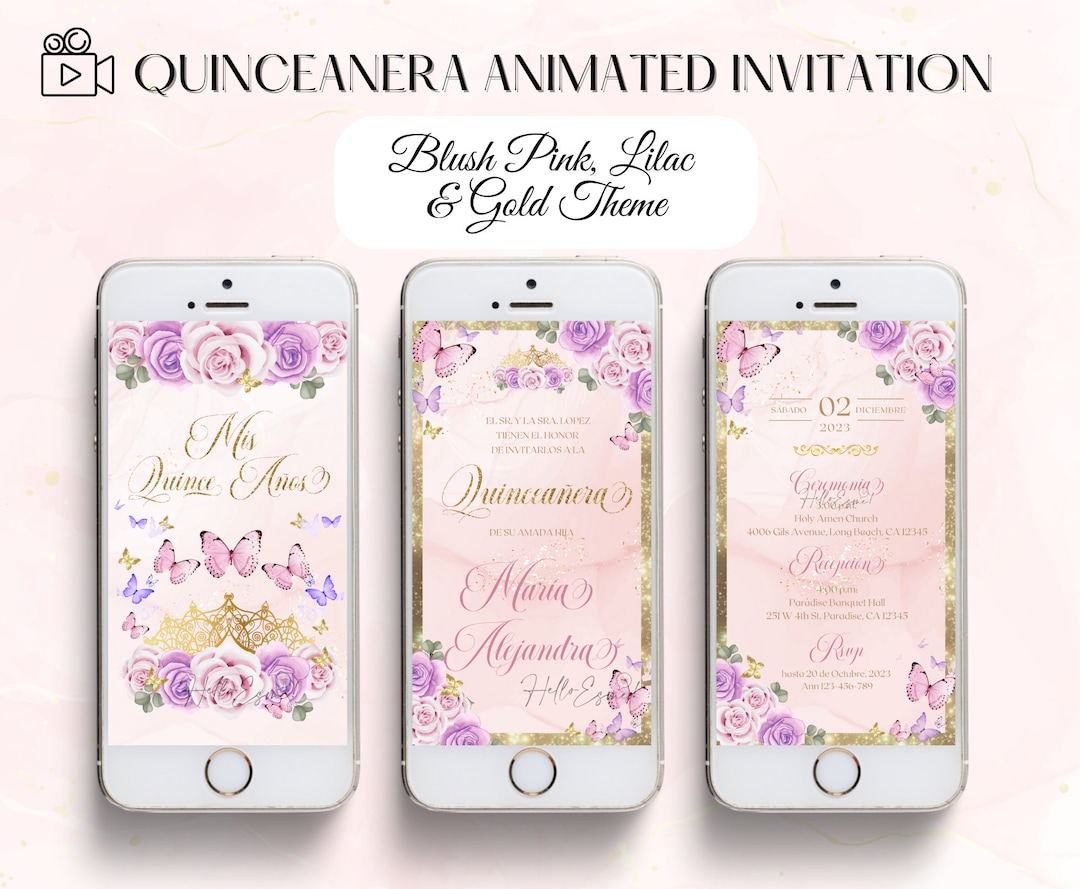 Quinceanera Digital Invitation, Blush Pink, Lilac and Gold Animated ...