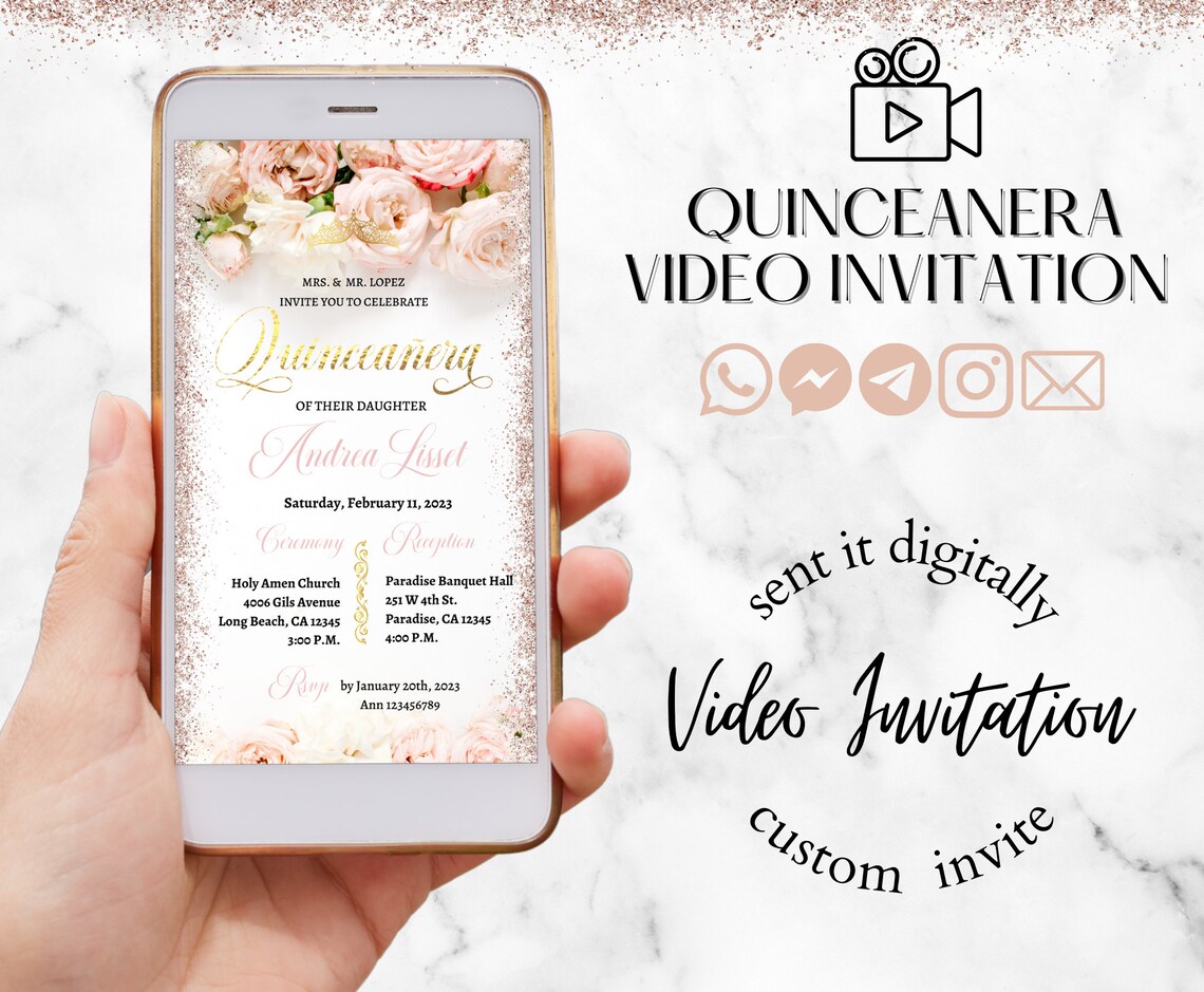 Digital Quinceanera Invitation, Blush Pink, Floral Rose Gold and ...