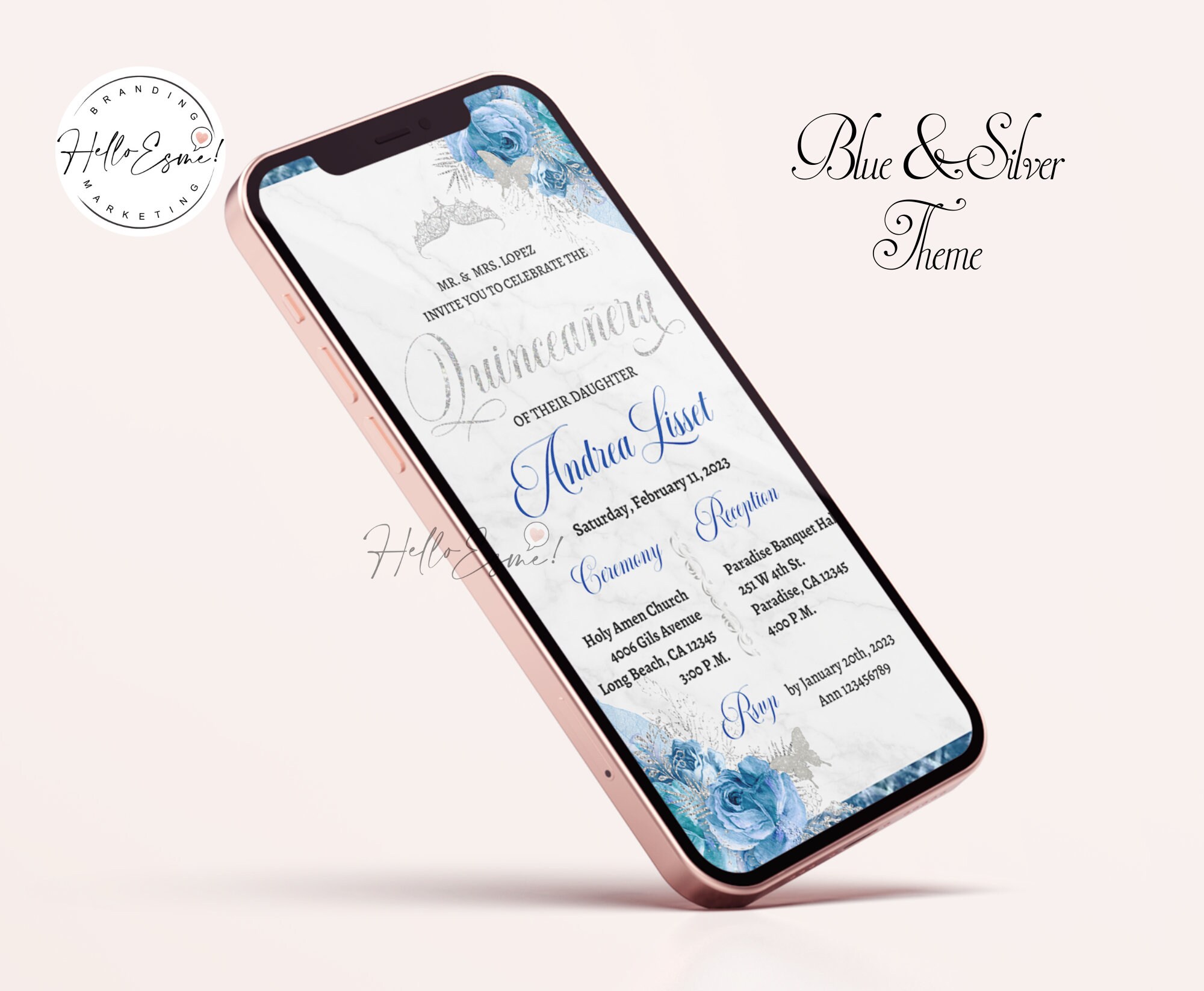 Quinceanera Video Invitation Blue Navy and Silver, Animated Invitation ...