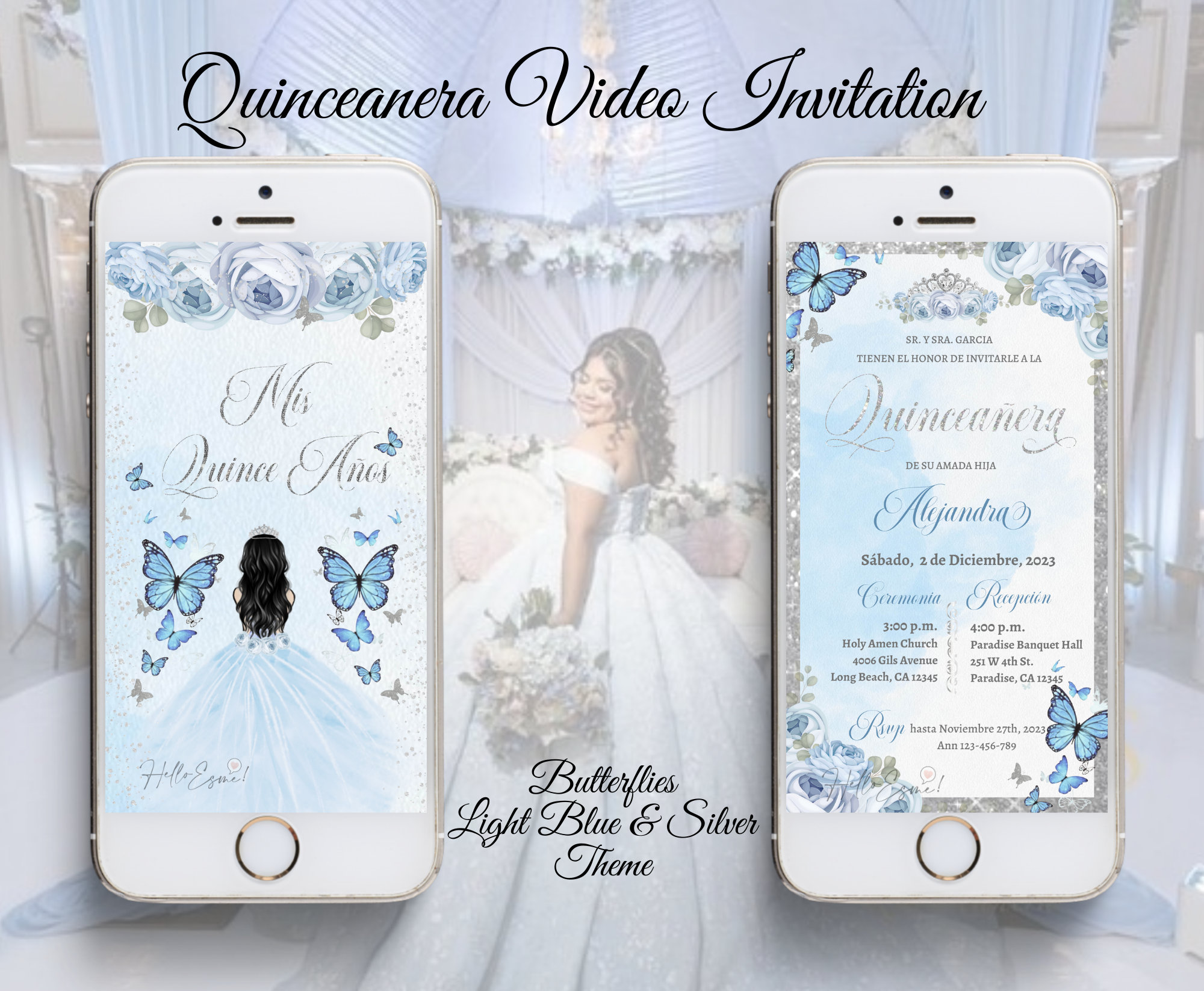 Light Blue and Silver Quinceanera Invitation, Video Invitation With ...