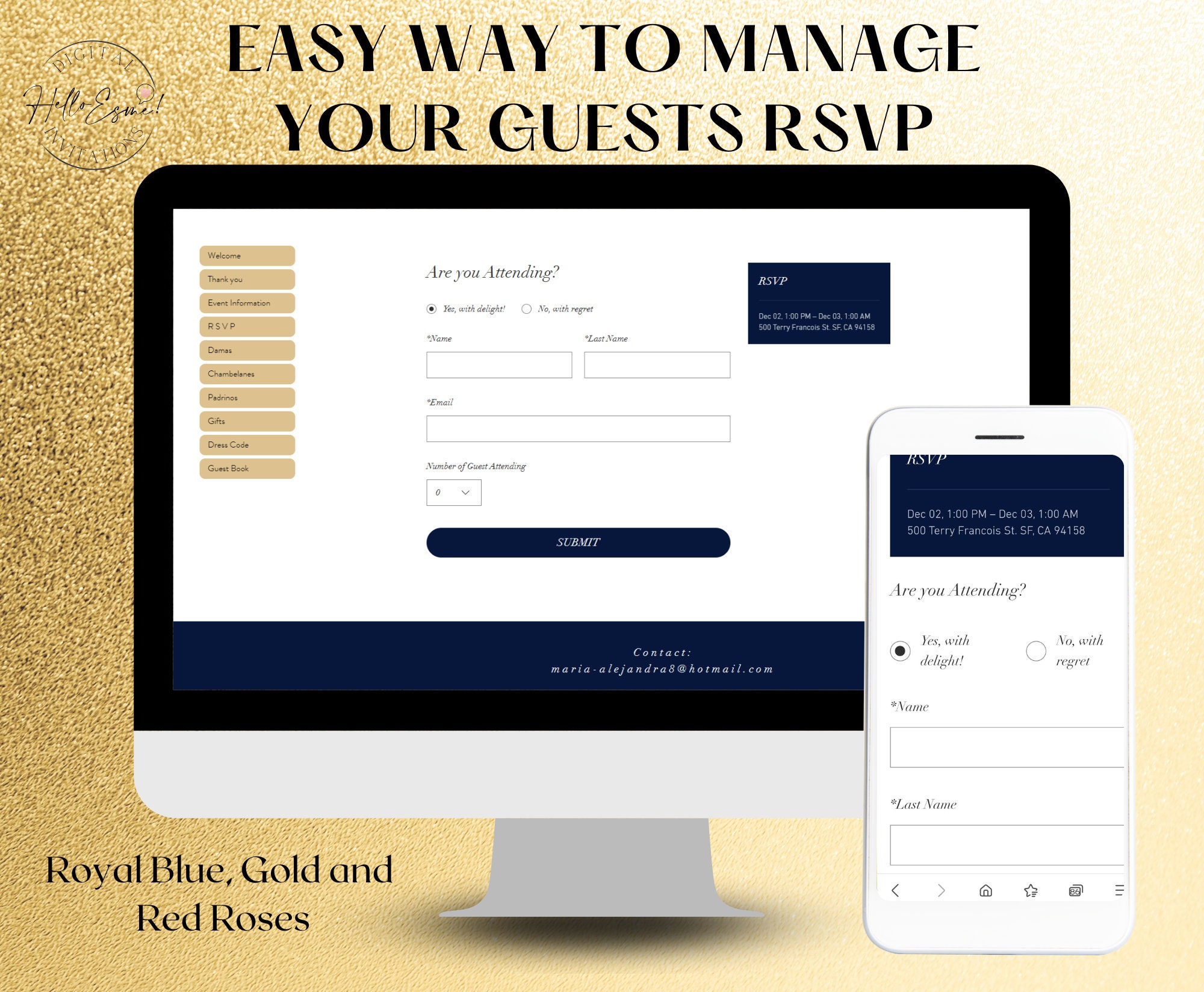 Qr Code Rsvp Quinceanera Invitation Navy Blue, Gold, Red Roses ...