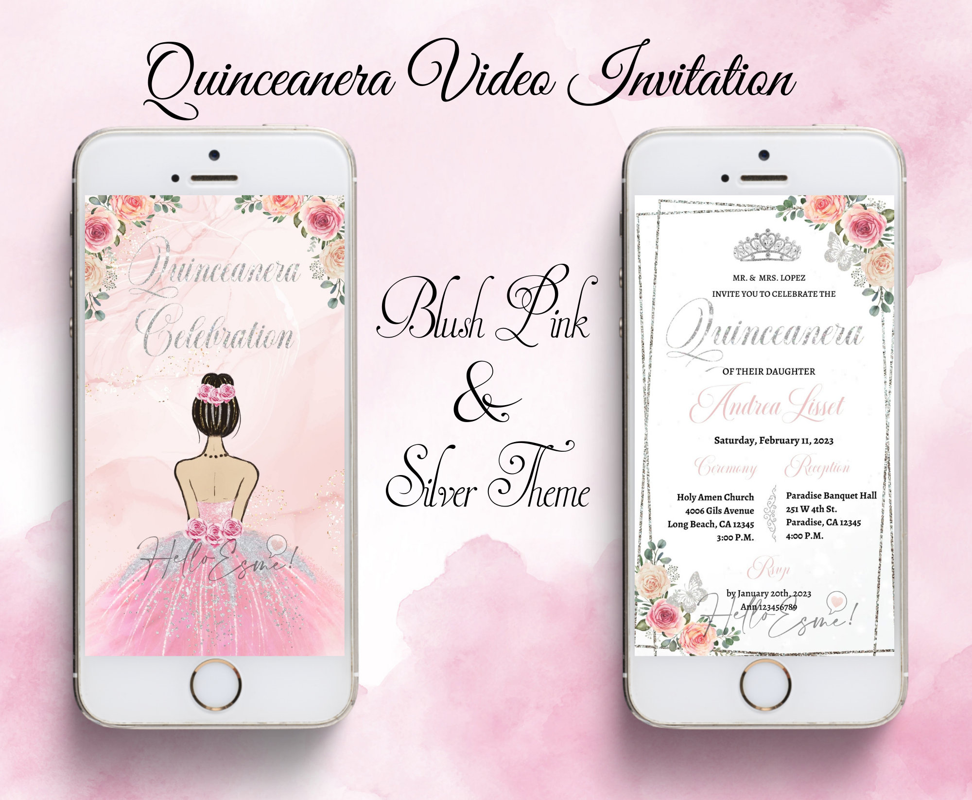Quinceanera Video Invitation Blush Pink / Silver Glitter, Floral and ...