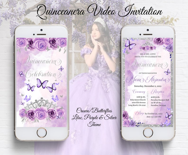 Lilac, Purple and Silver Quinceanera Video Invitation, Quinceañera ...